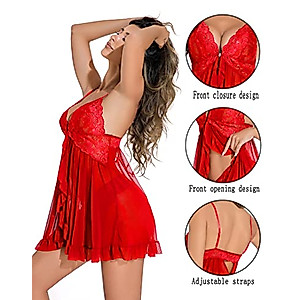 LNRFHI Women Lingerie Front Closure Babydoll Lace Chemise V Neck Ruffle Nightgown Sexy Sleepwear(Red Large)