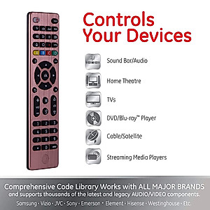 GE Universal Remote Control for Samsung, Vizio, LG, Sony, TCL, Roku, Apple TV, TCL, Panasonic, Smart TVs, Streaming Players, Blu-ray, DVD, 4-Device, Rose, 32934