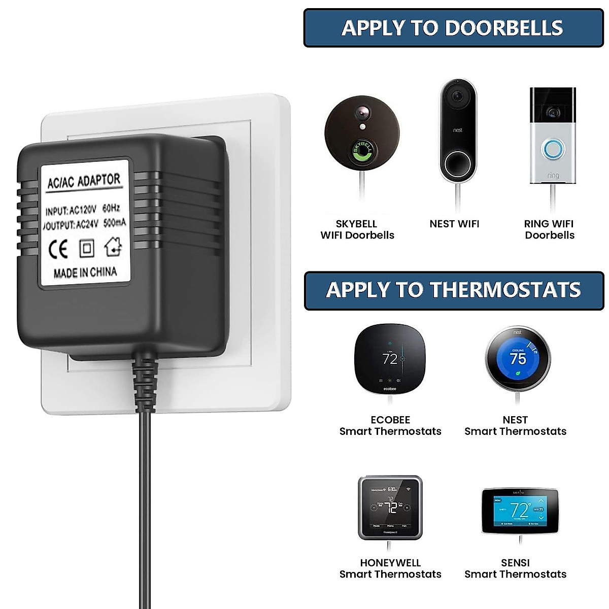 24V500MA Doorbell Power Adapter C-Wire Adapter Doorbell Transformer 16.4ft Wire Cable Compatible with Ring Bell, Ecobee, Sensi and Honeywell Smart Thermostats