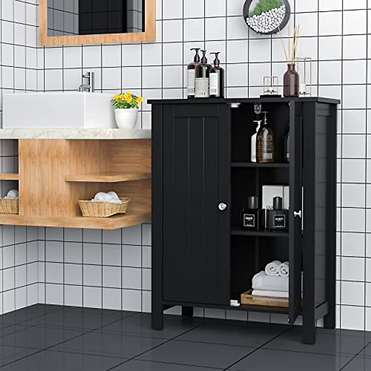 Tangkula Bathroom Floor Cabinet, with Double Door & Adjustable Shelf, 3 Tier Wooden Bathroom Storage Cabinet for Home Office, 23.5 x 12 x 31.5 Inches (Black)