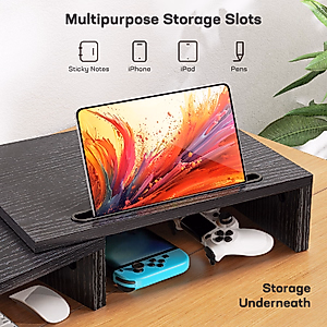 LORYERGO Dual Monitor Stand - [Upgraded] Monitor Stand w/ 2 Slots for Phone & Tablet, Dual Monitor Riser, Length and Angle Adjustable, Computer Stand for Monitor, Laptop, Tablet (Black)