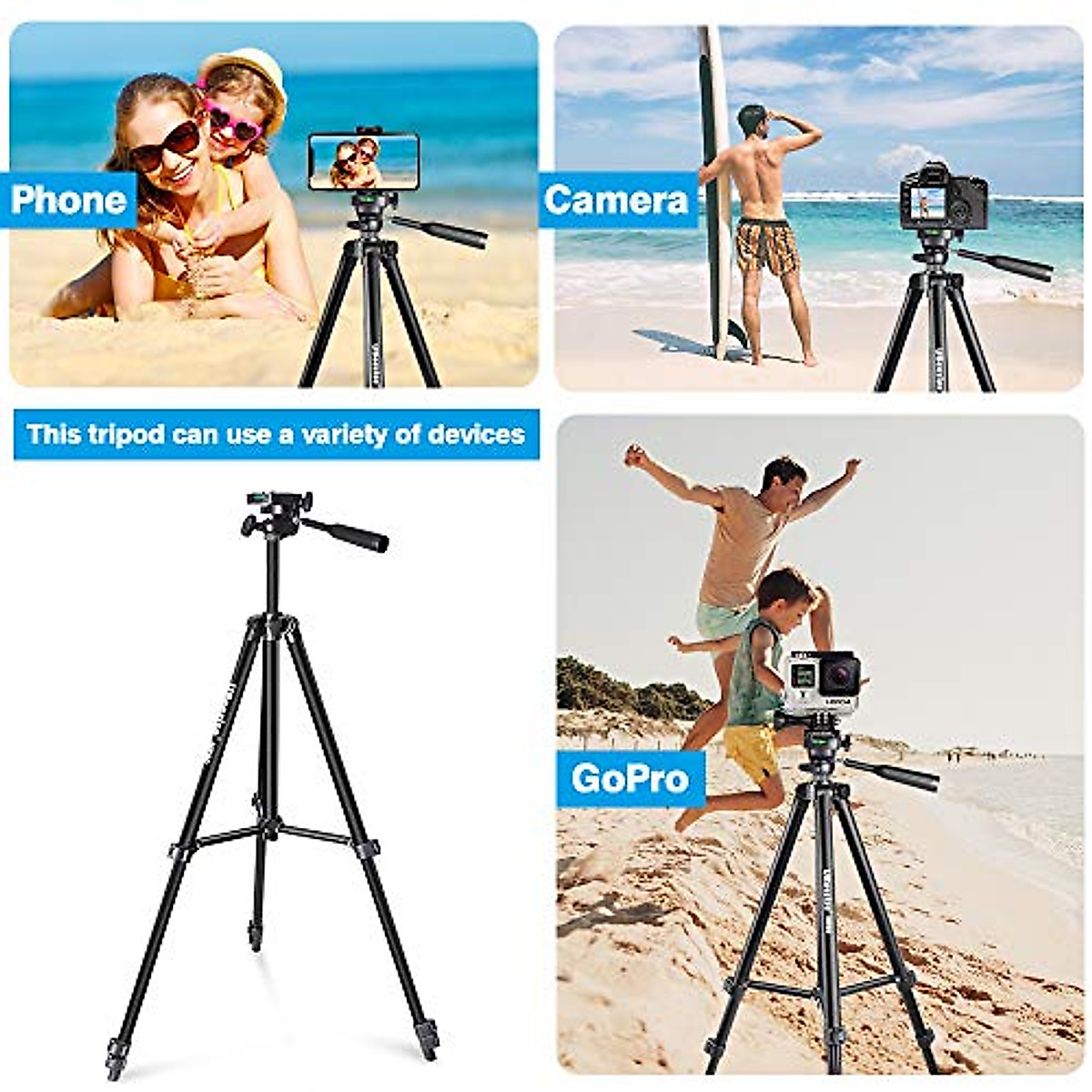 UBeesize 60” Phone Tripod with Carry Bag & Cell Phone Mount Holder for Live Streaming, Extendable Travel Lightweight Tripod Stand with Smartphone Wireless Remote, Compatible with iOS/Android