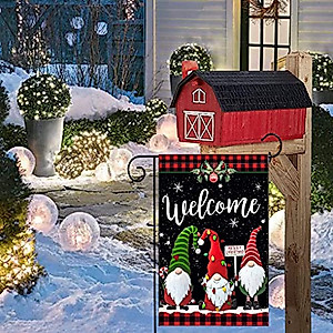 Merry Christmas Garden Flag 12x18 Double Sided,Holiday Winter Garden Flag,Gnomes Welcome Yard Flags for Outside, Yard Decorations Outdoor Buffalo Plaid (Christmas)