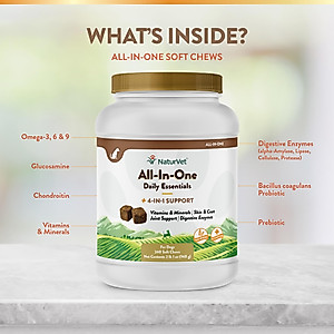 NaturVet All-in-One Dog Supplement - for Joint Support, Digestion, Skin, Coat Care – Dog Multivitamins with Minerals, Omega-3, 6, 9 – Wheat-Free Vitamins for Dogs – 240 Soft Chews