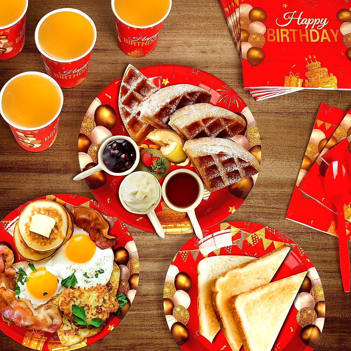 168 Pcs Red and Gold Party Supplies Tableware Set Happy Birthday Plates, Knife,Forks,Spoons, Cups and Napkins Table Decorations for Women Girls Birthday Party Decorations, 24 Guests