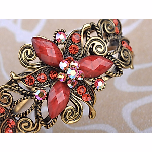 Alilang Womens Antique Golden Tone Red Rhinestone Floral Lily Poinsettia Flower Bangle Cuff Bracelet