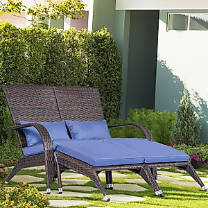 Outdoor Patio Wicker Adirondack Loveseat Bench Outside Small Loveseat Sofa Couch Rattan Fire Pit Chairs Comfy Patio Chair Low Deep Seating High Back with Ottoman Cushion for Porch Backyard Deck Navy