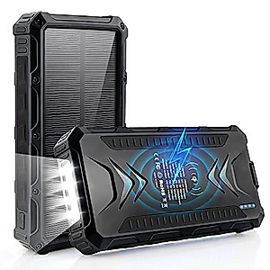 Solar Power Bank 36000mAh, Qi Wireless Charger, DJROLL Solar Charger with Dual USB 15W Output, IP66 Waterproof Powerbank, Flashlights Cell Phone Charger for Camping Outdoor (Black)