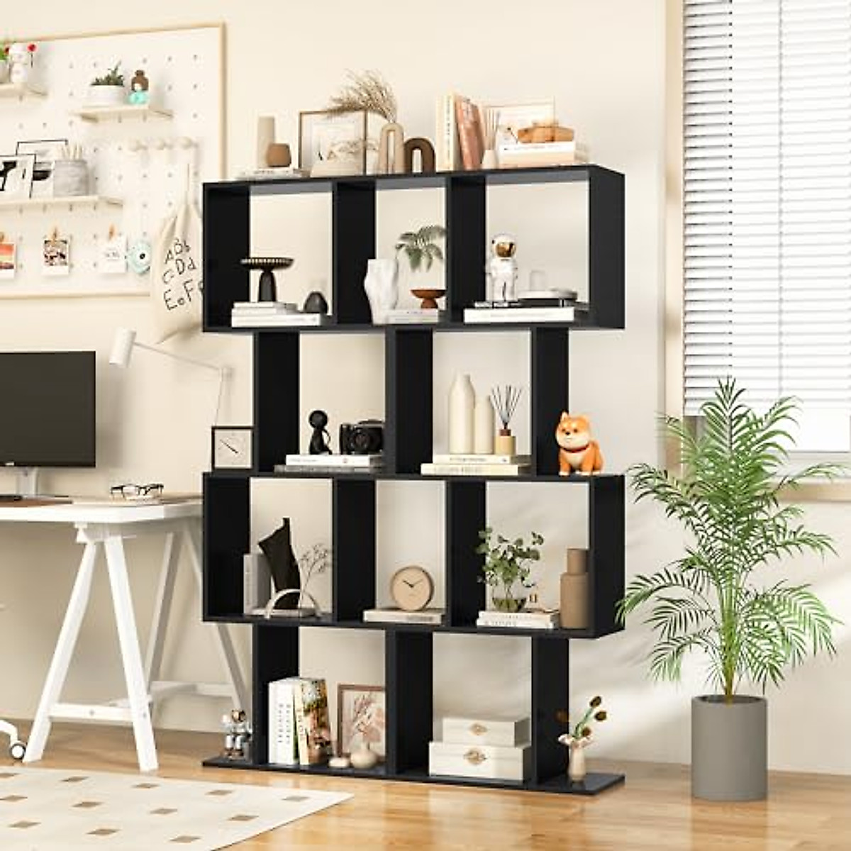 Giantex 4 Tier Bookshelf S Shaped Bookcase Set of 2, Wooden Display Decor Furniture, Free Standing Industrial Storage Rack for Living Room Bedroom Office, Modern 4 Shelf Bookcase (Black, 2)
