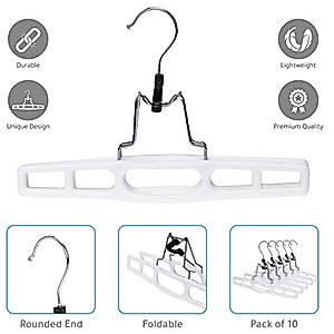 Premium Skirt Hangers 10-Pack - Thin Space-Saving Skirt Hanger Set with Clamp, Pant Hanger 10-Piece Set, Shorts Hangers with Heavy-Duty Locking Clasp, Multipurpose Quality Jean Hangers Set (White, 10)