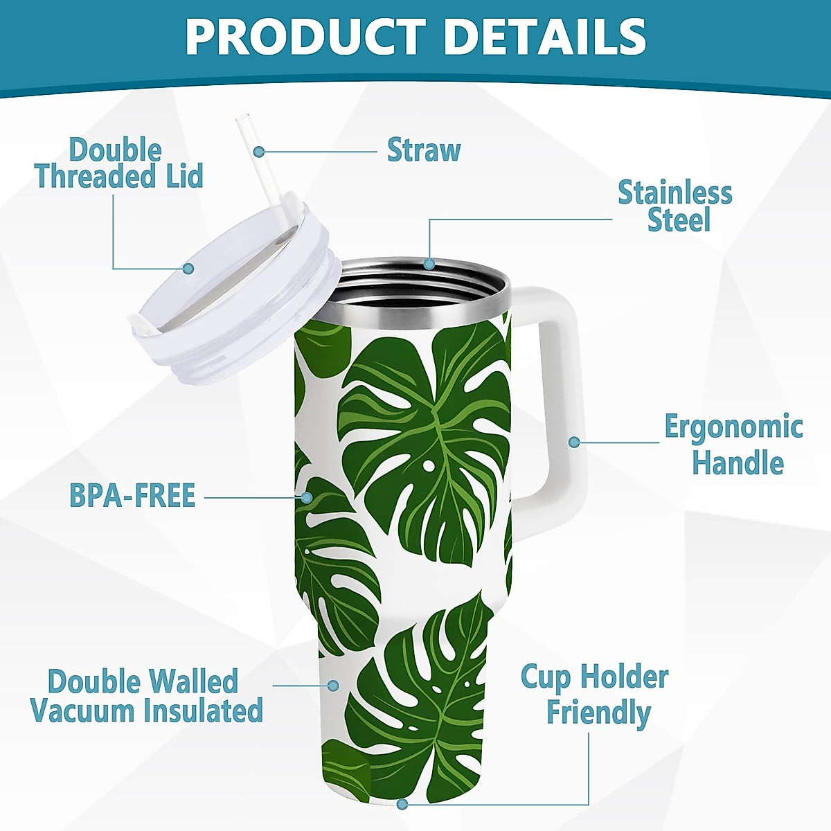 40 oz Green Monstera Leaf Insulated Tumbler with Handle, Stainless Steel Vacuum Water Bottles with Lid and Straw for Water, Iced Tea or Coffee