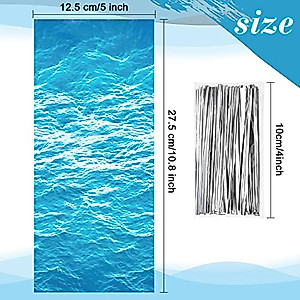 100 Pieces Ocean Waves Cellophane Treat Bags Under the Sea Blue Ocean Party Goodie Candy Bag with 100 Twist Ties for Beach Pool Birthday Summer Mermaid Party Decoration Baby Shower Supplies
