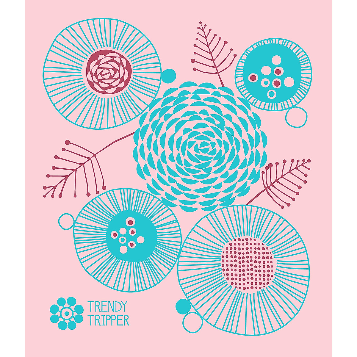 Trendy Tripper Jenn Ski Reusable Swedish Dishcloths/Sponge Cloth MID-Century Modern Abstract Designs Set of 4 (4-Pk MCM Floral Turquoise/Red)