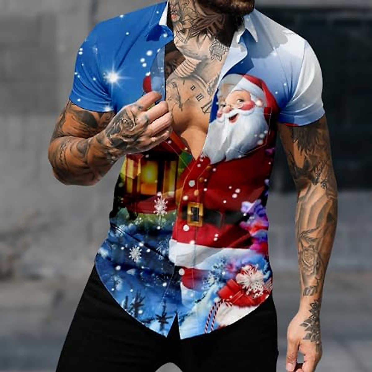 Lcxifdre Funny Christmas Shirts Mens Christmas Santa 3D Digital Print Button Lapel Short Sleeve Shirt T Shirt Slim Fit Tops Blue