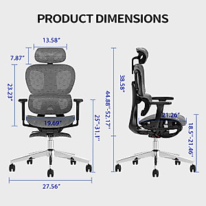 Ergonomic Office Chair Ergo3D Rolling Desk Chair with 3D Adjustable Armrest,High Back Desk Computer Chair Mesh Computer Executive Swivel Grey