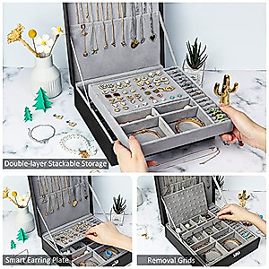 SIMBOOM Jewelry Box Organizer for Women Girls, 2 Layer Large Jewelry Display Storage Case for Rings Earrings Necklaces Bracelets Watches, PU Leather Mens Jewelry Organizer Boxes with Lock, Black