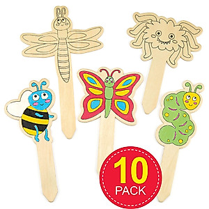 Baker Ross AR233 Bug Wooden Stakes - Pack of 10, Handy Lawn Decorations for Kids to Decorate and Gift