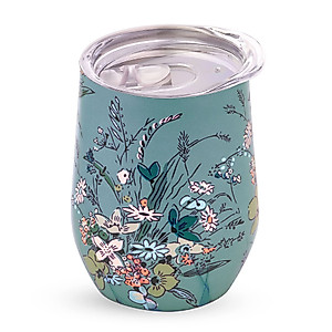 Vera Bradley Insulated Wine Tumbler, 12 Ounce Travel Cup, Green Floral Stainless Steel Tumbler with Lid, Sunlit Garden Greek Sage