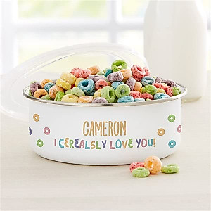 Personalization Universe I Cerealsly Love You Kids Enamel Cereal Bowl with Lid, Customizable with Name, Ideal for Snacks, Soup, and Cereal, White, 5.5" Diameter, Ramen, Ice Cream, Soup Bowl