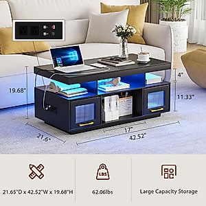FOMNEY LED Coffee Table with Charging Station＆4 Storage Spaces, Modern Coffee Tables with Auto 3 Color Lights, Center Tea Table with Acrylic Door, Black Coffee Table for Living Room