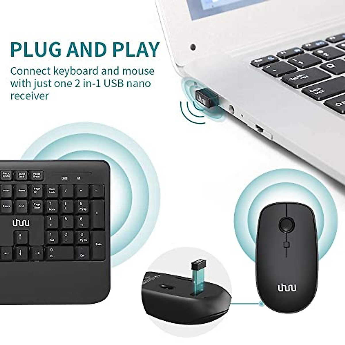 Wireless Keyboard and Mouse Combo, UHURU 2.4GHz Ergonomic Computer Keyboard with Wrist Rest, 3 Level Adjustable DPI Mouse with Mouse Pad for PC, Laptop, Windows XP/7/8/10(Black)