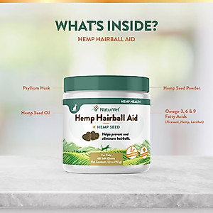 NaturVet Hemp Hairball Aid Plus Hemp Seed for Cats, 60 ct Soft Chews, Made in The USA