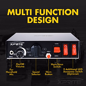 Xprite 8 Tones 200 Watt Emergency Warning Siren Extra Slim Speaker PA System Kit w/Handheld Microphone & 2 Lights Control Switches