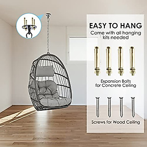 Brafab Wicker Rattan Hammock Egg Swing Chair with Hanging Chain, Aluminum Frame and UV Resistant Cushion, Indoor Outdoor Bedroom Patio Porch Foldable Camping Chair (Without Stand)