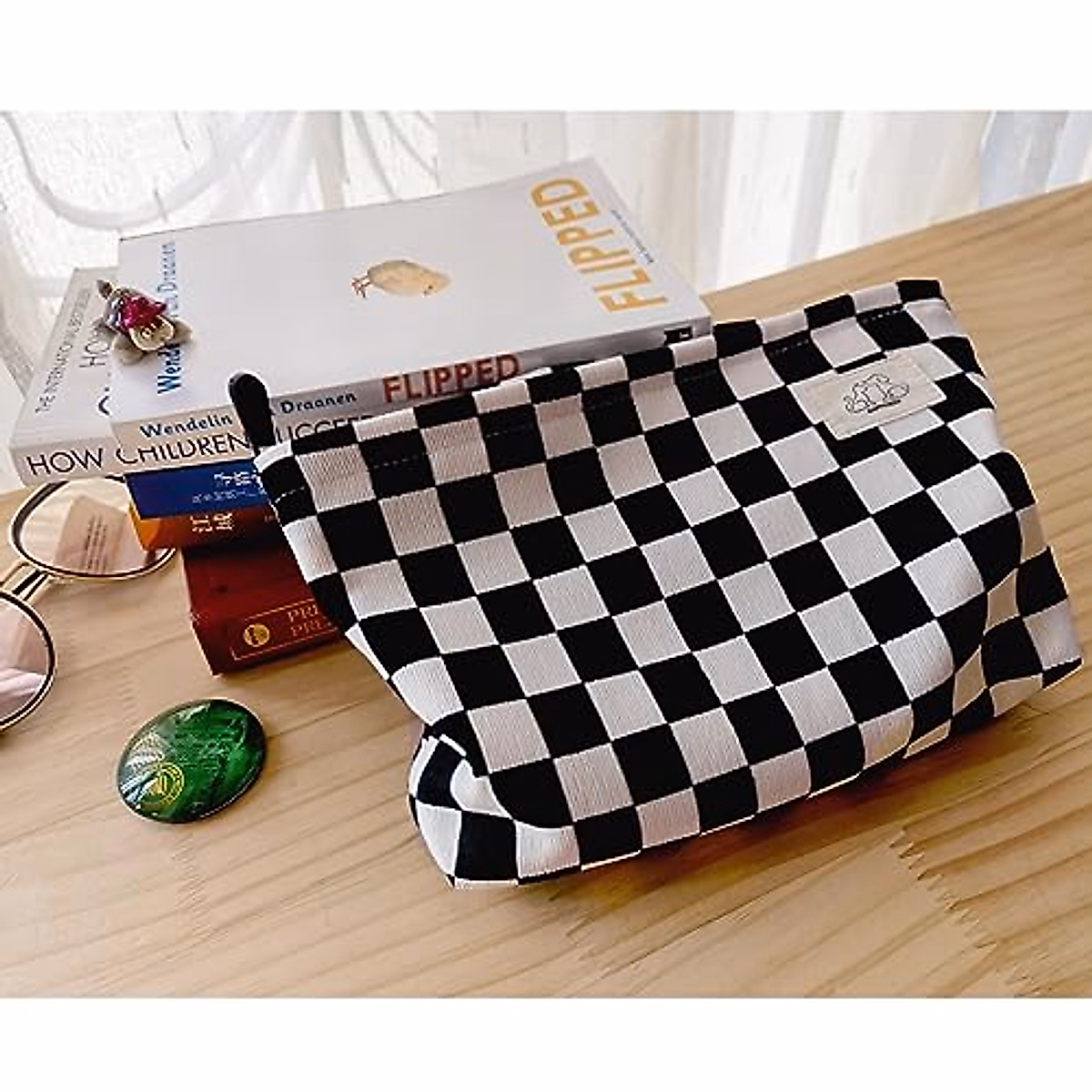 HAPPYHEIDI Women Checkered Corduroy Makeup Bag Cosmetic Pouch Purse Organiser, Canvas Lining, Cute Black White