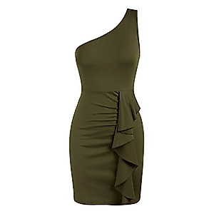 ZAFUL Women's 2024 Summer Ruched Mini Dress One Shoulder Sleeveless Party Cocktail Bodycon Short Dresses Army Green Medium