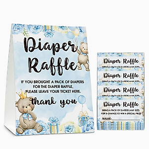 Diaper Raffle Baby Shower Game Set(1 Standing Sign + 50 Guessing Cards), We can Bearly Wait Diaper Raffle Tickets for Baby Shower, Watercolor Blue Balloons Baby Shower Party Favor Decor - A23