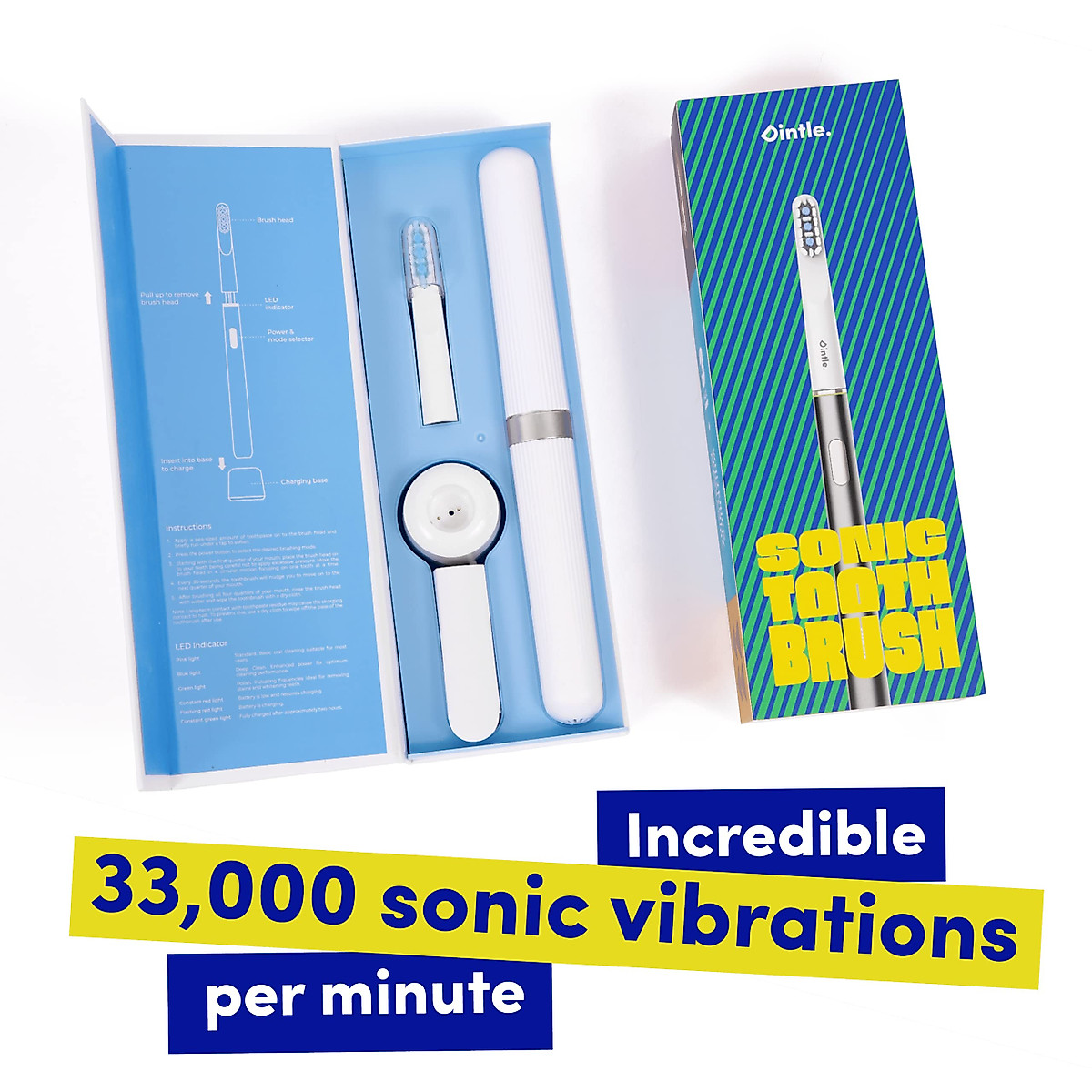 Dintle™ Sonic Rechargeable Electric Toothbrush with 2 Brush Heads, Travel Case and Fast Charge Stand, 1-Month Battery Life, 3 Brushing Modes