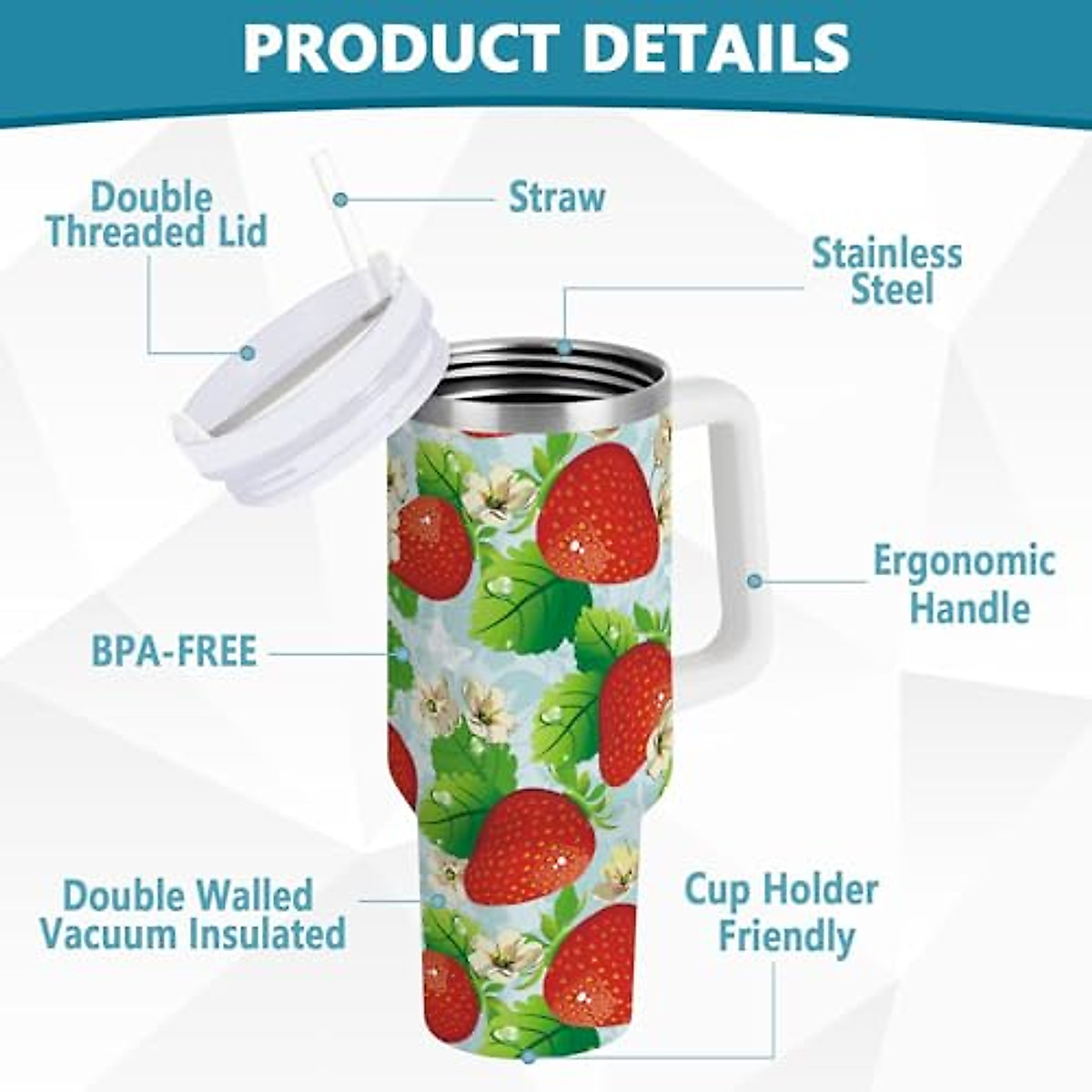 Wfrish Tumbler with Handle and Straw Lid,Red Ripe Strawberry Flowers Blue 40 oz Insulated Coffee Cup Stainless Steel Fruit Water Bottle Travel Mug Cupholder Friendly,Gifts for Women Men