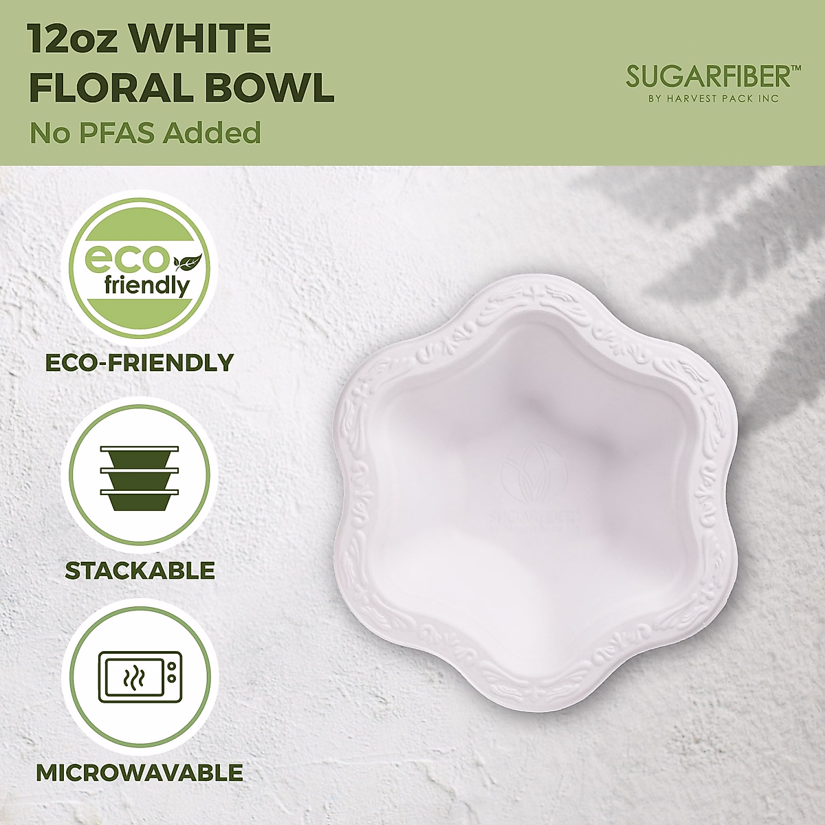 [50 COUNT]12 oz Disposable Floral White Paper Bowls - Acanthus Collection Natural Sugarcane Bamboo Fibers Bagasse Eco Friendly Environmental Plastic ice cream Bowl Elegant Alternative