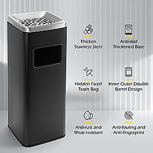 Dyna-Living Stainless Steel Trash Can Outdoor Commercial Garbage Can Large Trash Bin for Home Use Industrial Waste Container, Square Black