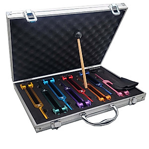 Chakra Tuning Forks Set - Multicoloured 7 Chakra and 1 Soul Purpose Weighted Tuning Forks with Exquisite Aluminum Case.