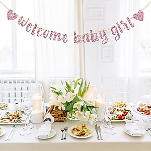 Belrew Welcome Baby Girl Banner, It's a Girl Baby Shower Decor, Gender Reveal Party, Baby Gril 1st Birthday Party Decoration Supplies, Glittery Pink