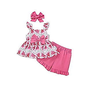 Kiluex Toddler Baby Girl Summer Clothes Ruffle Floral Tops + Solid Shorts with Headband 3PCS Outfits Set for Girls (B-Pink, 12-18 Months)