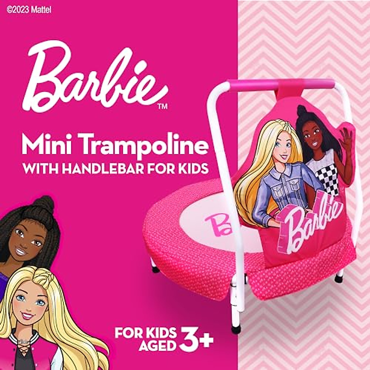 Barbie Hearts Mini Trampoline, Indoor Kids Trampoline for Toddlers with Handle, Featuring Barbie and Friends