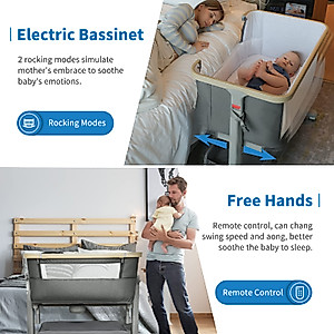 DEYGIA Rocking Baby Bassinet, Electric Bassinet Bedside Sleeper with Wheels and Comfy Mattress, 3 in 1 Electric Bedside Crib, 10 Heights Adjustable, Smart Co Sleeper with Large Storage Basket