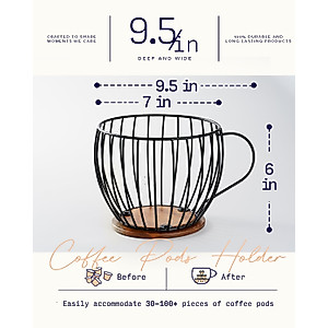 getstar Coffee Pod Holder, Large Black Wire Coffee Bar Accessories with Acacia Wood Base