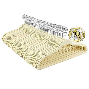 Elama 100 Piece Set of Velvet Slim Profile Heavy Duty Felt Hangers with Stainless Steel Swivel Hooks in Cream