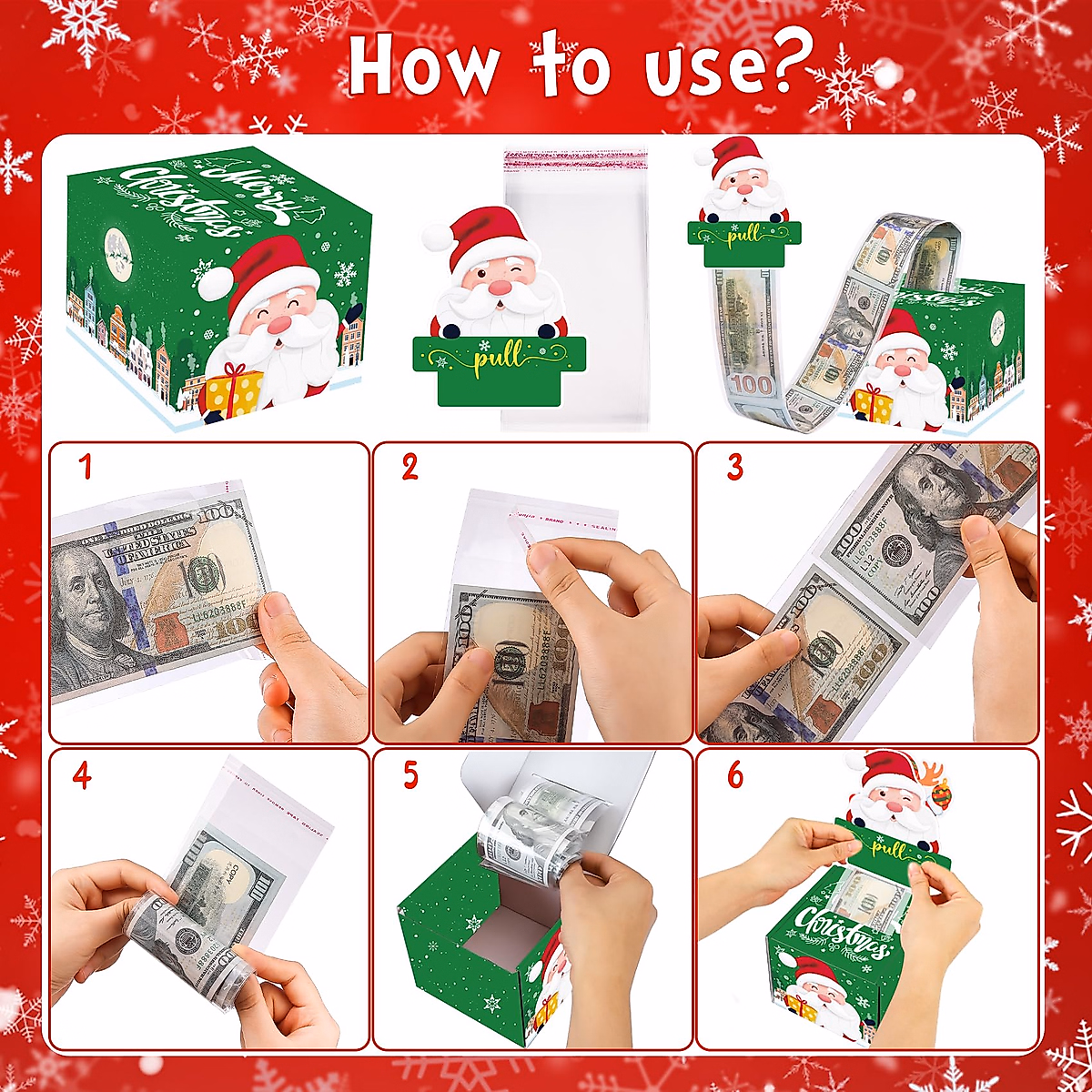 Meiidoshine 4 Pack Christmas Money Box for Cash Gift Pull, Surprise Money Holder for Kids Adults with 200Pcs Transparent Bags - Fun Ways to Give Cash As A Gift for Your Loved Ones