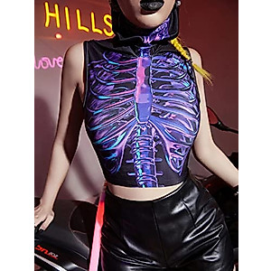 LANSHULAN Gothic Skeleton Print Hooded Crop Top