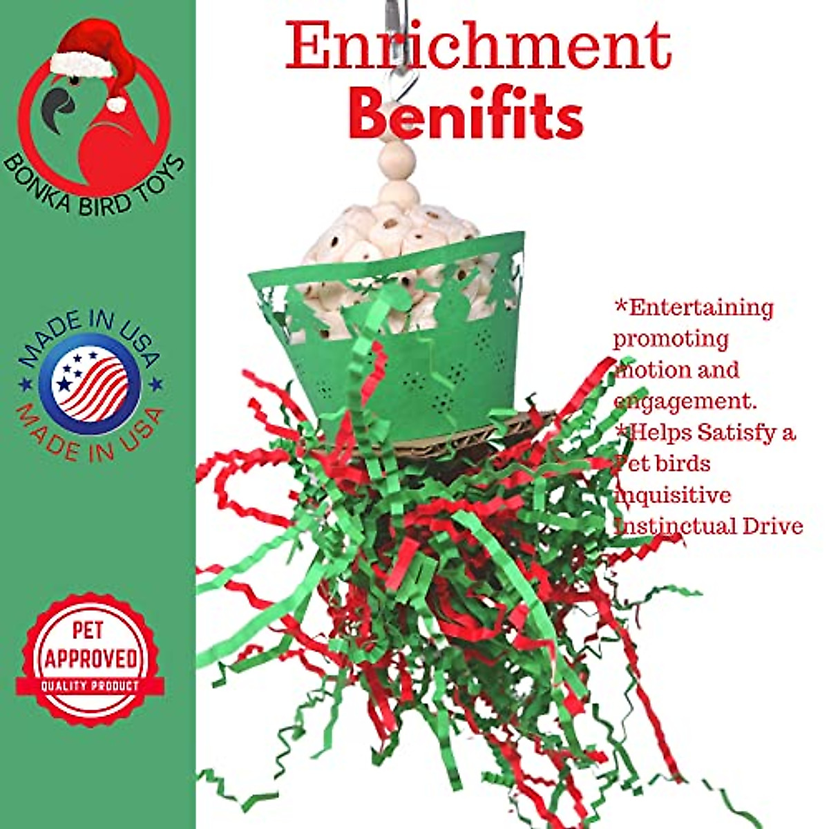 Bonka Bird Toys Merry Christmas Festival Small Bird Toy Natural Sola Chew Foraging Treat Cockatiels Parakeets Conures and Similar Birds (2454 Green)