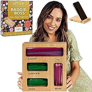 HUDDLE Food Storage Bag Organizer - Slide-Lid Easy-Load Ziplock Bag Organizer 4 Section Bamboo Ziplock Bag Organizer for Drawer, Counter, Wall Baggie Organizer