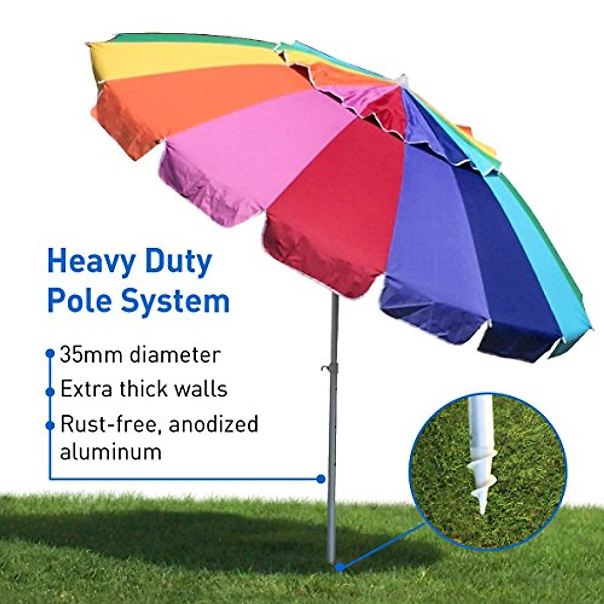 EasyGo 8 Foot HEAVY DUTY HIGH WIND Beach Umbrella - Giant 8' Beach Umbrella with Sand Anchor & Carrying Bag -Sturdy Pole