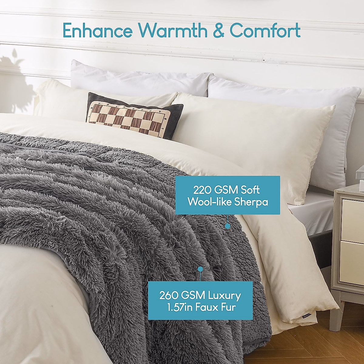 Cottonblue Faux Fur Reversible Sherpa Weighted Blanket 15lbs,Luxury Snugly Long Fur Warm Heavy Blanket 60x80 inches,Super Soft Fuzzy Fleece Blanket for Cold Days,Gray