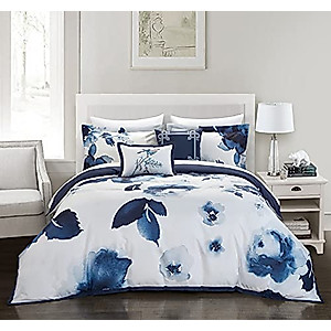 Chic Home Brookfield Garden 5 Piece Comforter Set Large Scale Floral Pattern Print Bedding-Decorative Pillows Shams Included, Queen, Blue