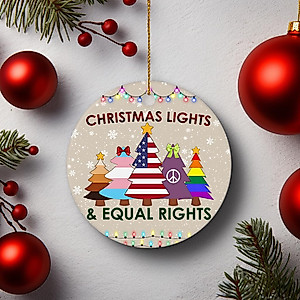 2023 Christmas Lights and Equal Rights Ceramic Ornament Christmas Tree, Minimalist Feminist Gift LGTBQ Patriotic USA Gay Pride, Womens Rights Holiday Decor, Pro Choice, Social Justice, Peace